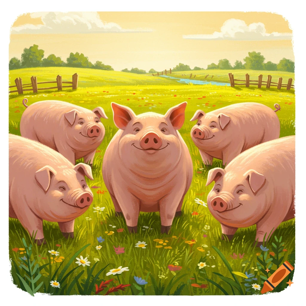 Five cheerful, pink pigs in a lush, green field with wildflowers under a sunny sky, illustration ...