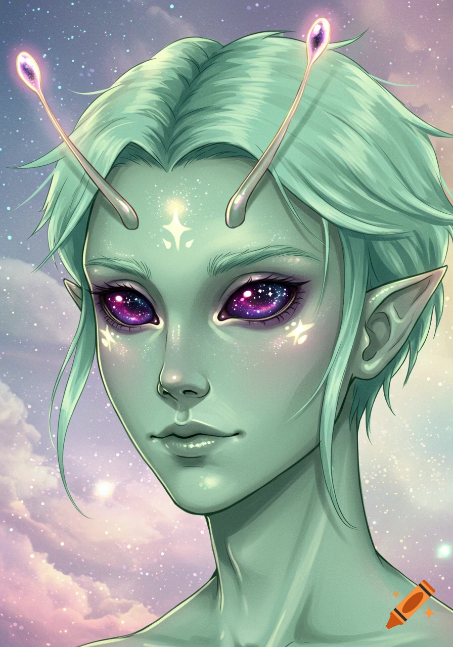Anime-style portrait of an alien with light green skin, purple eyes ...