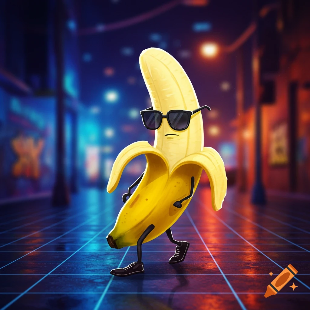 A cool cartoon banana wearing sunglasses walks down a neon-lit city ...