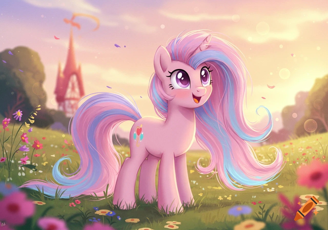 A cheerful pink pony, Pinkie Pie, jumps happily in a cartoon party ...