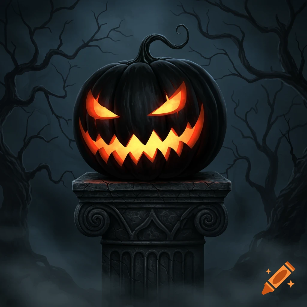 A glowing jack-o'-lantern with carved runes sits on autumn leaves in a ...