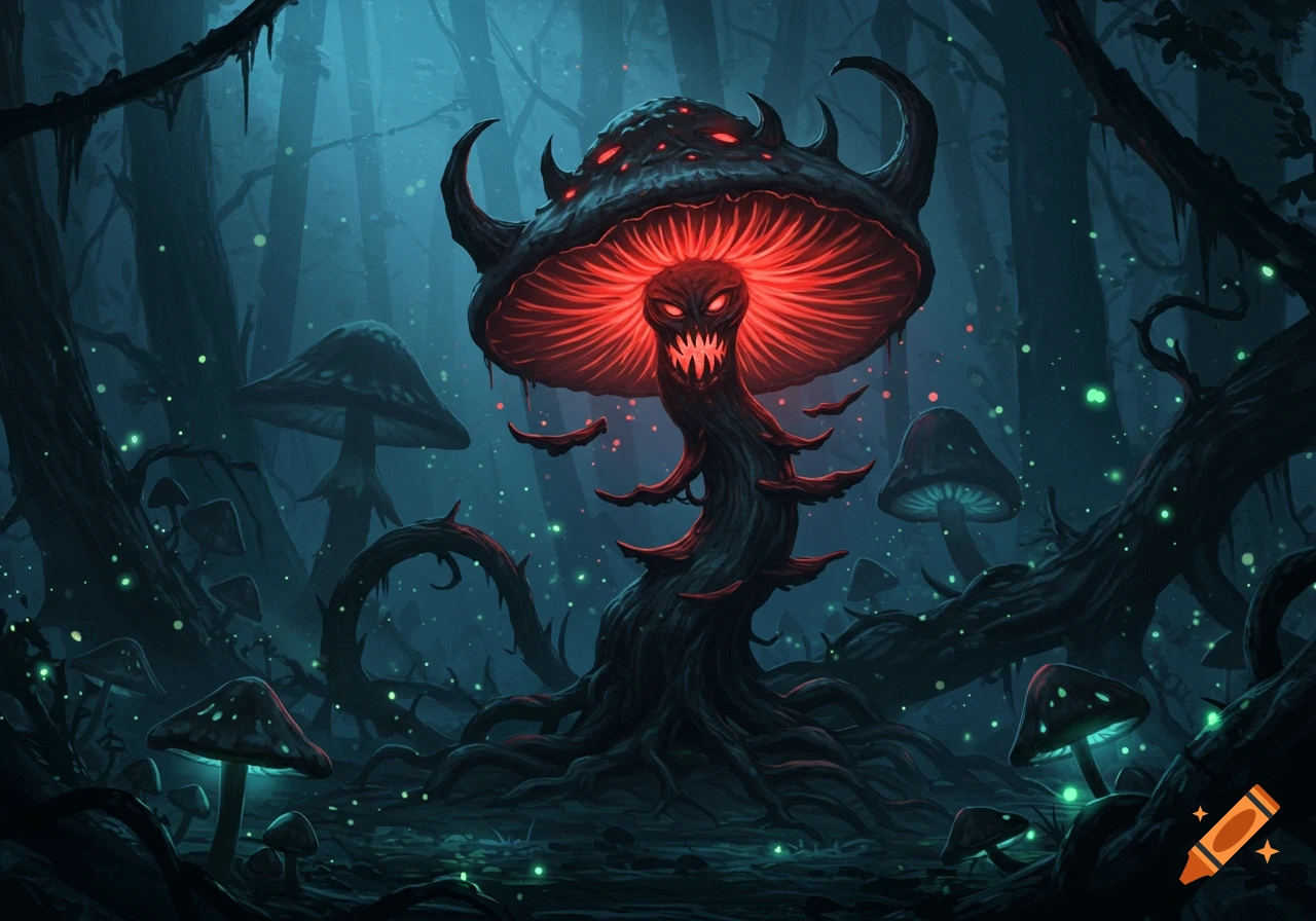 A creepy horned mushroom with glowing red eyes and fangs stands in a dark, misty forest with ...