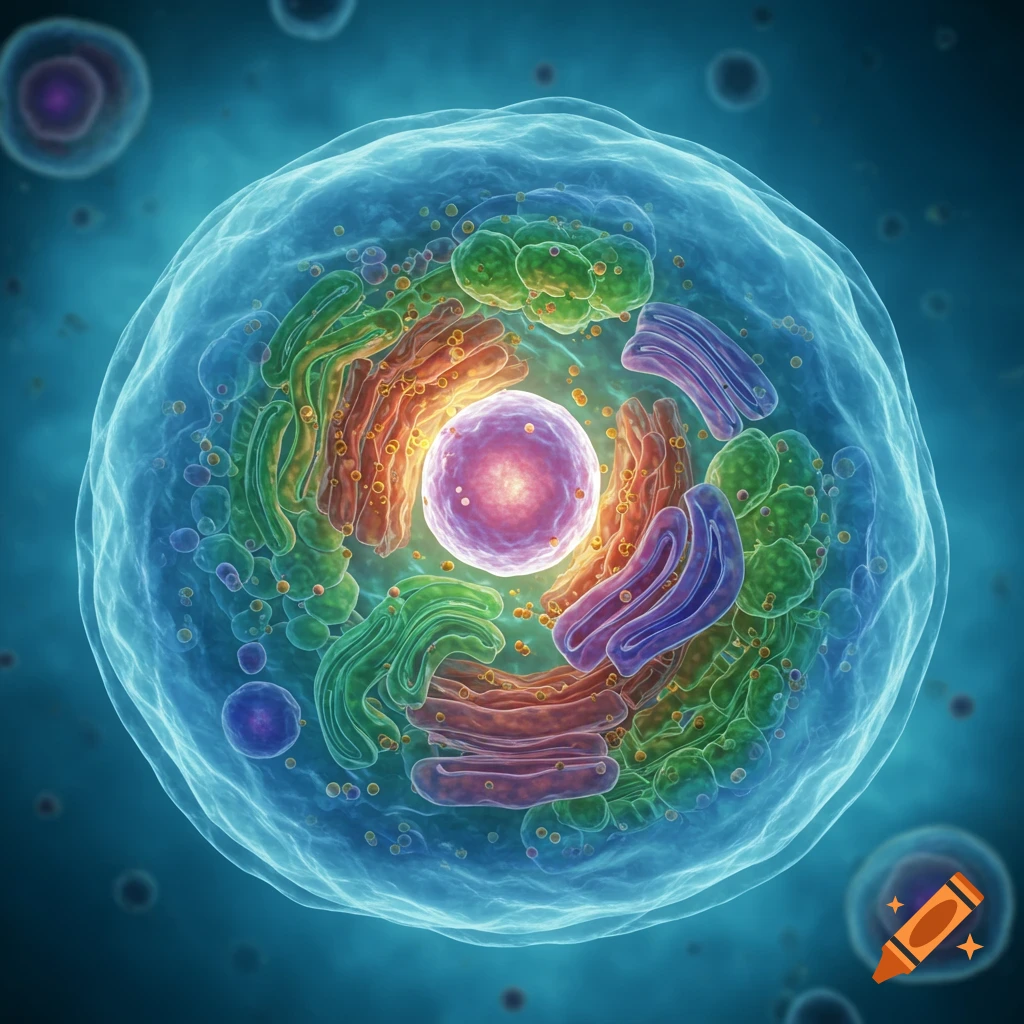A highly detailed 3D scientific illustration of an animal cell cross ...
