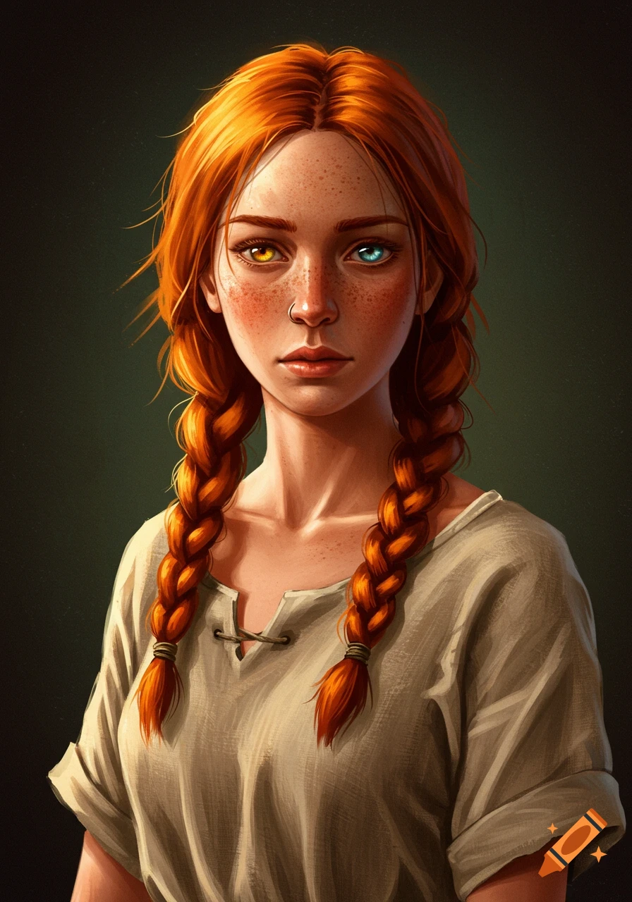 Illustration of a medieval tomboy with short red hair on Craiyon