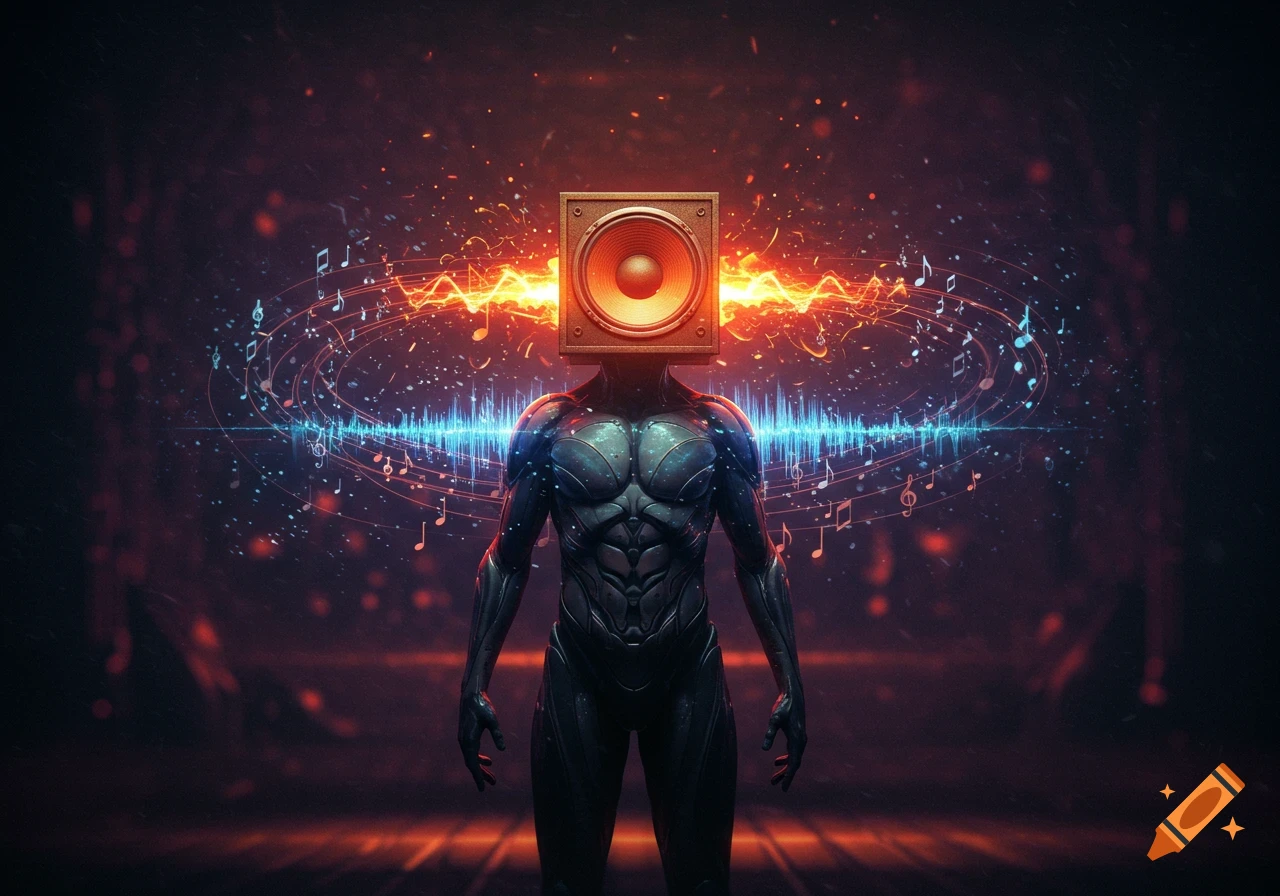 A humanoid figure with a speaker for a head, surrounded by glowing ...