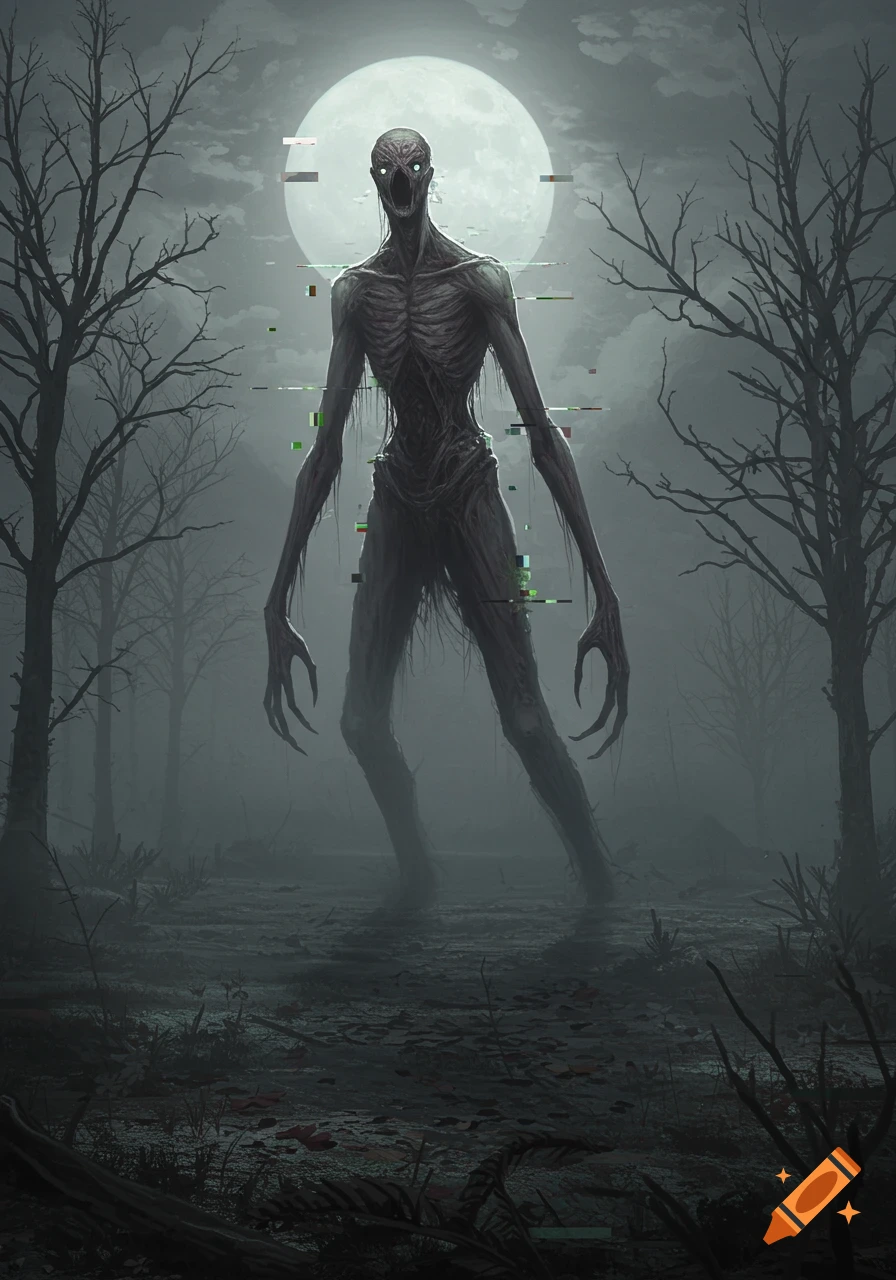 A large, horned alien creature with glowing eyes stands in a dark ...