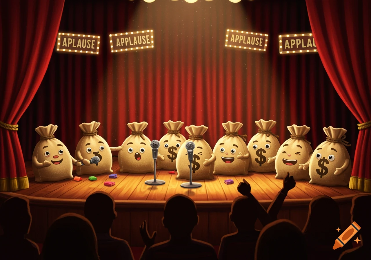Cartoon money bags perform on a brightly lit stage with red curtains and 'APPLAUSE' signs above ...