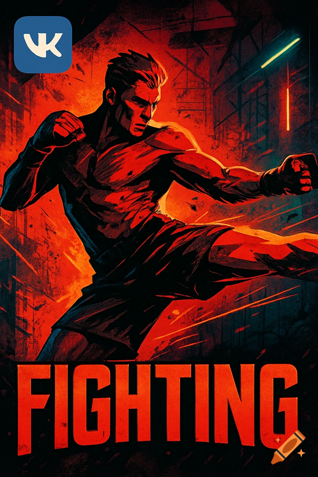A stylized red and black poster depicts a muscular male fighter in a ...
