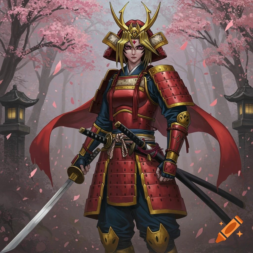 A female samurai in red and gold armor with a sword stands in a forest ...