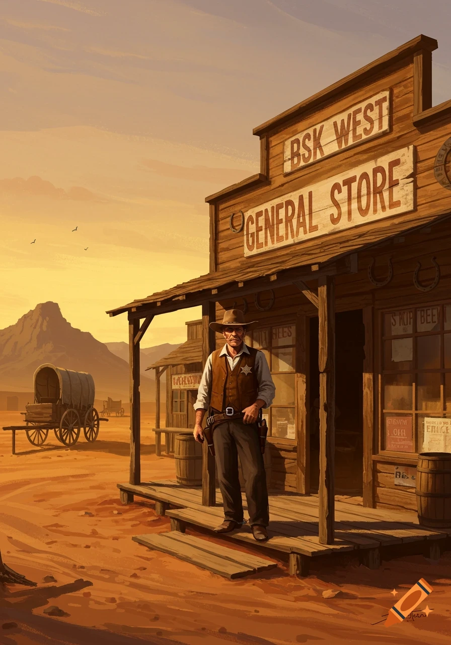 Illustration of cowboys on horseback in a western town at sunset. on ...