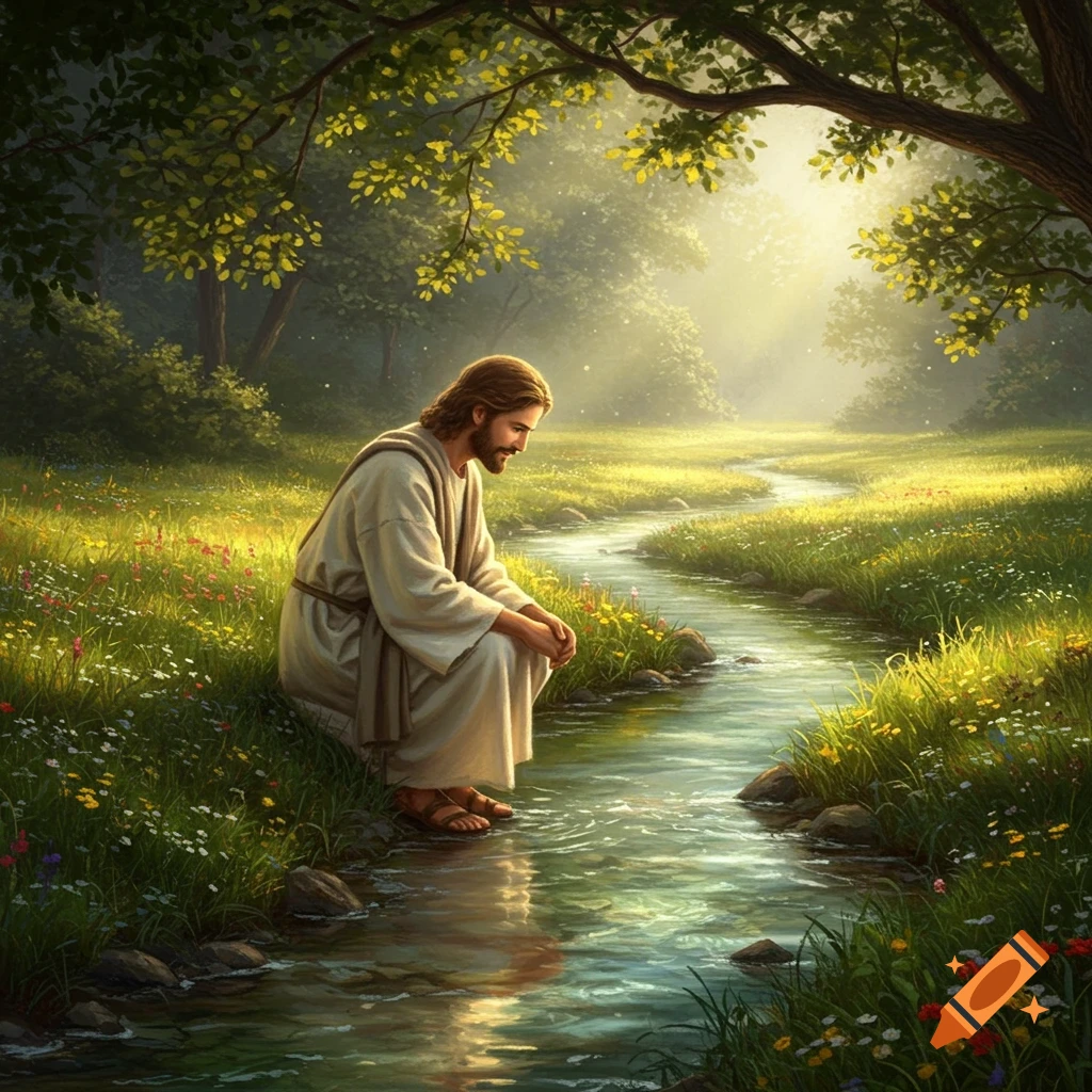 Jesus kneeling beside a small stream in a sunlit forest, surrounded by ...