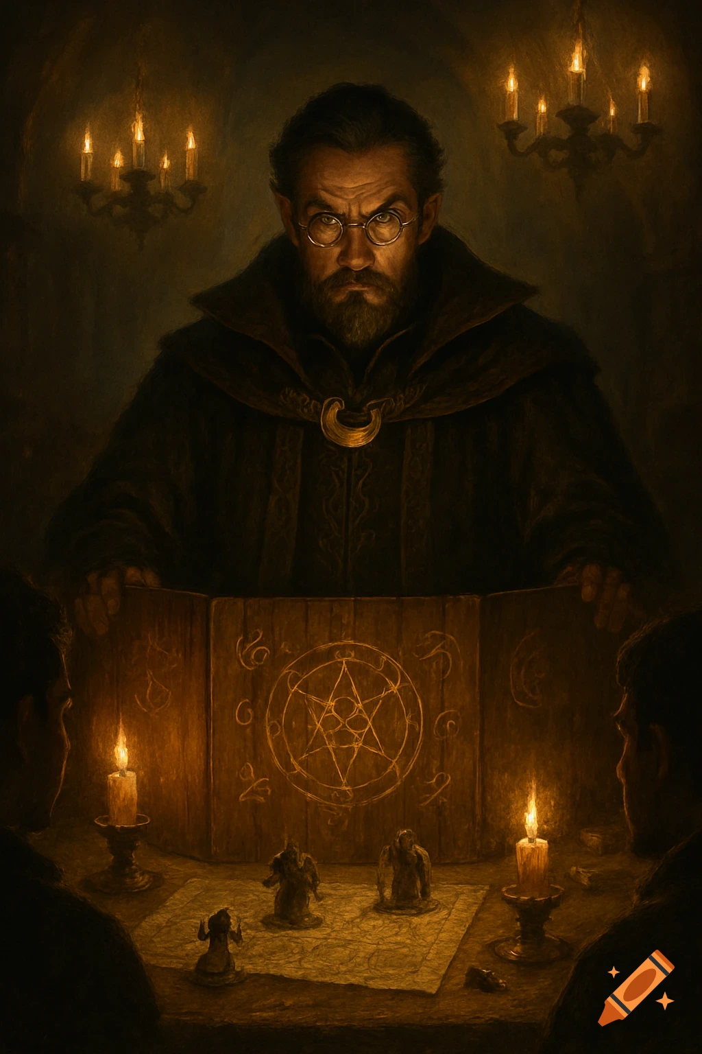 A scary, gaunt old man with glowing eyes holds a vintage camera, with ...