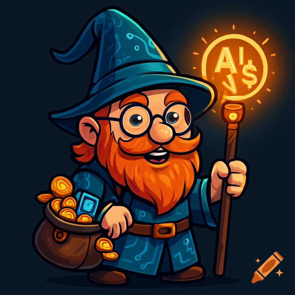 A whimsical cartoon gnome wizard with a red beard, glasses, a satchel ...
