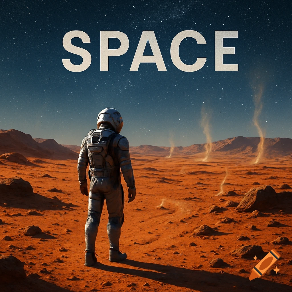 Photorealistic image of an astronaut standing on Mars, looking at a dusty landscape under a ...
