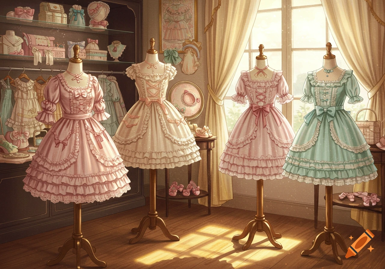 Illustration of a doll-like girl in a pink frilly dress in a sunny doll ...