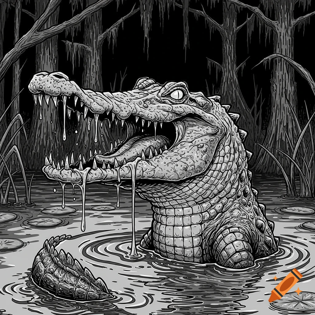 A grotesque black and white alligator emerges from a swamp, snarling ...