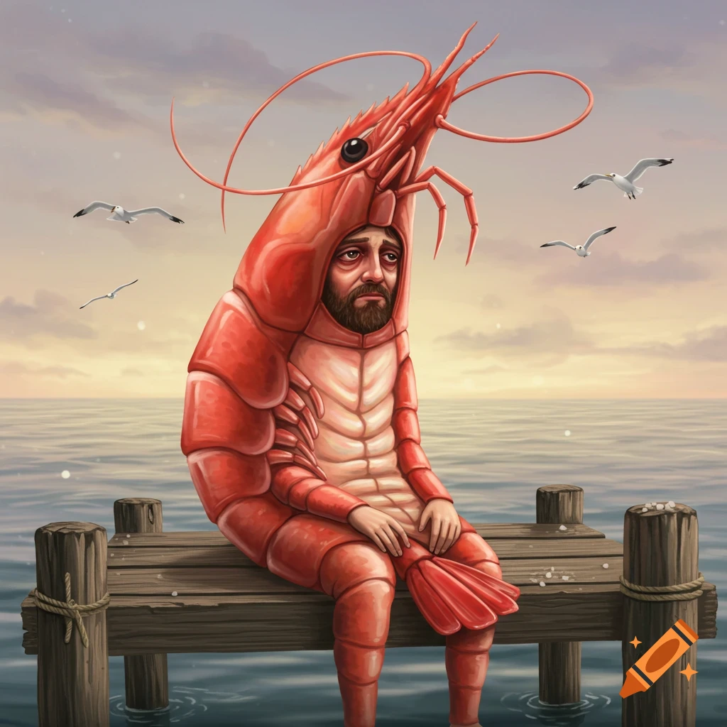 A drawing of a sad bearded man in a red shrimp costume sitting on a ...