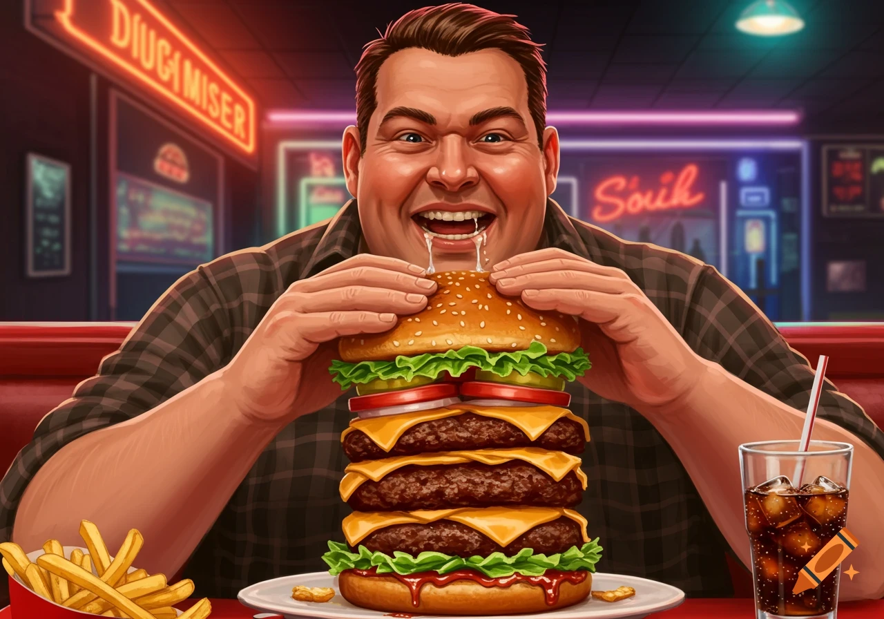 A cartoon man in a plaid shirt happily eats a towering burger with fries and soda in a diner ...