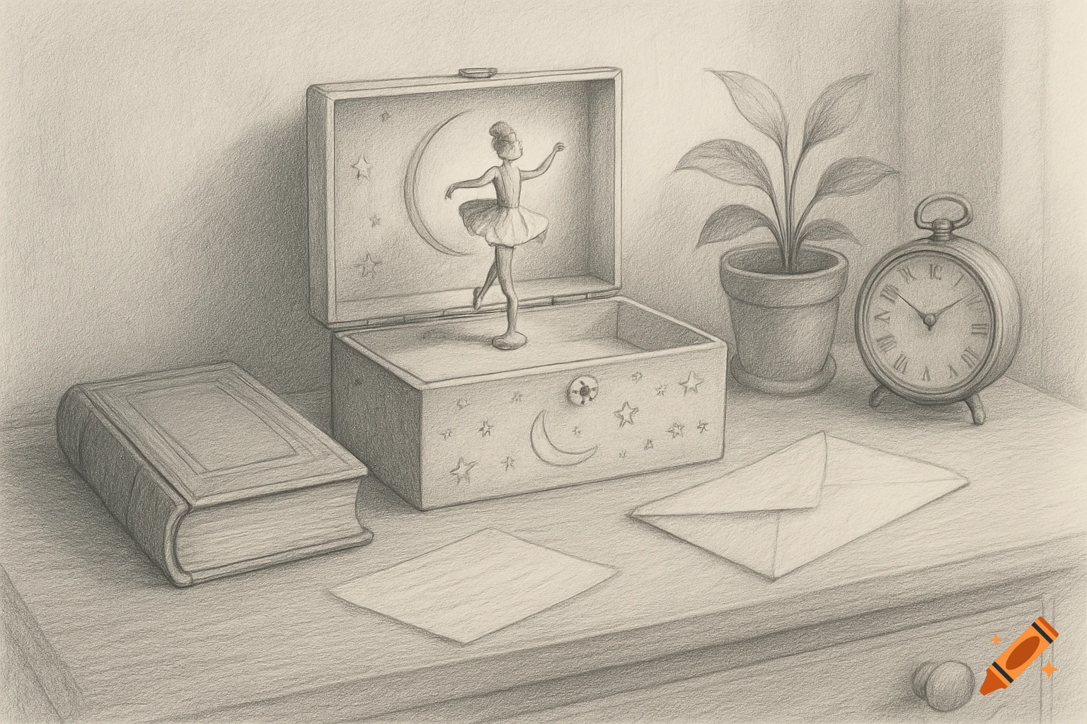 A rectangular wooden box with dimension lines indicating measurements ...