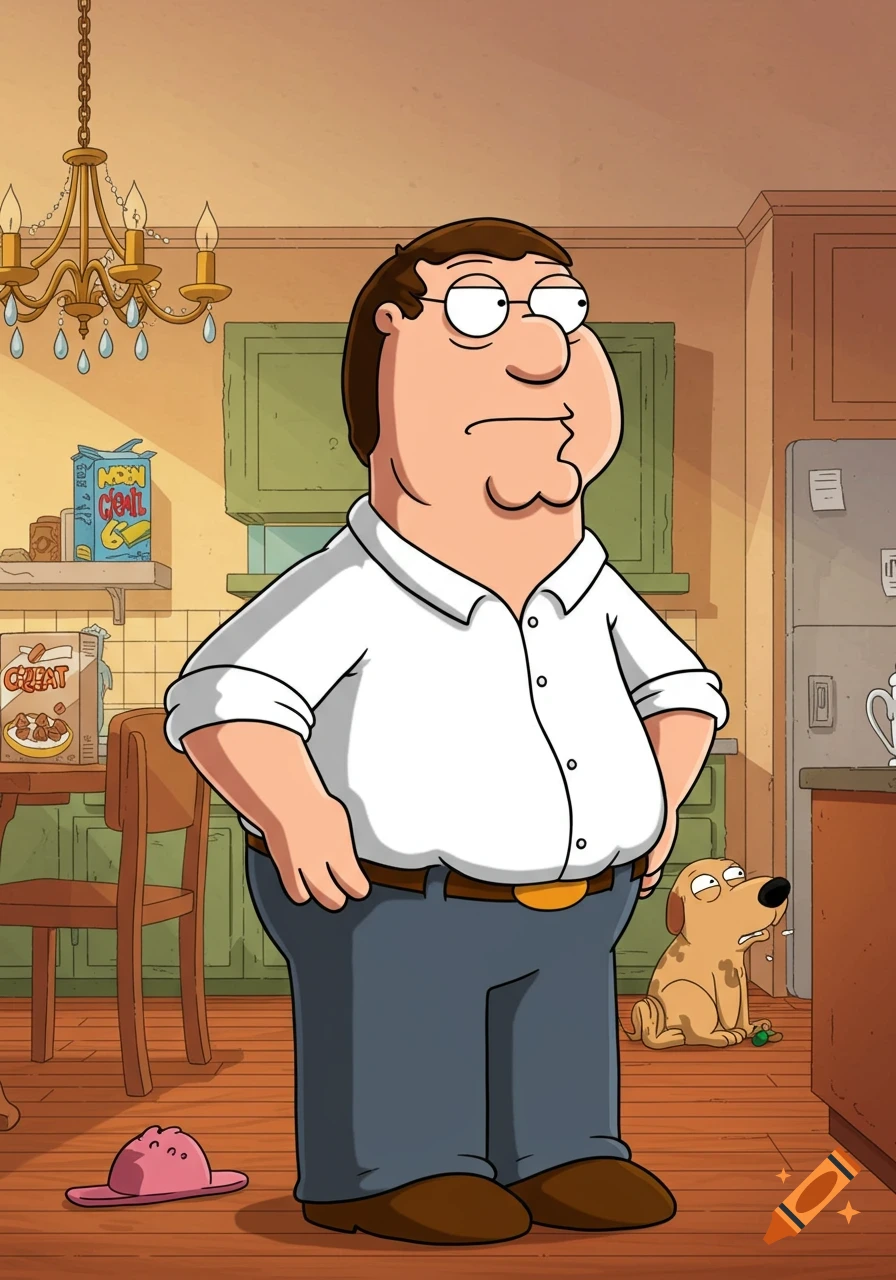 Peter Griffin from Family Guy stands in a kitchen with his dog Brian ...