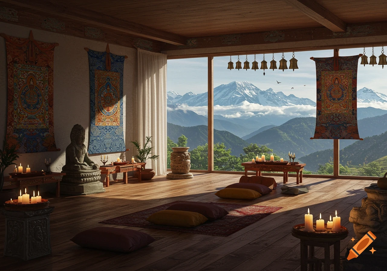 A serene meditation room with a Buddha statue and lit candles, offering ...
