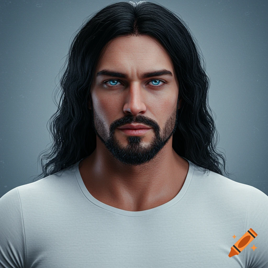 Photorealistic portrait of a handsome man with dark hair, a beard, and ...