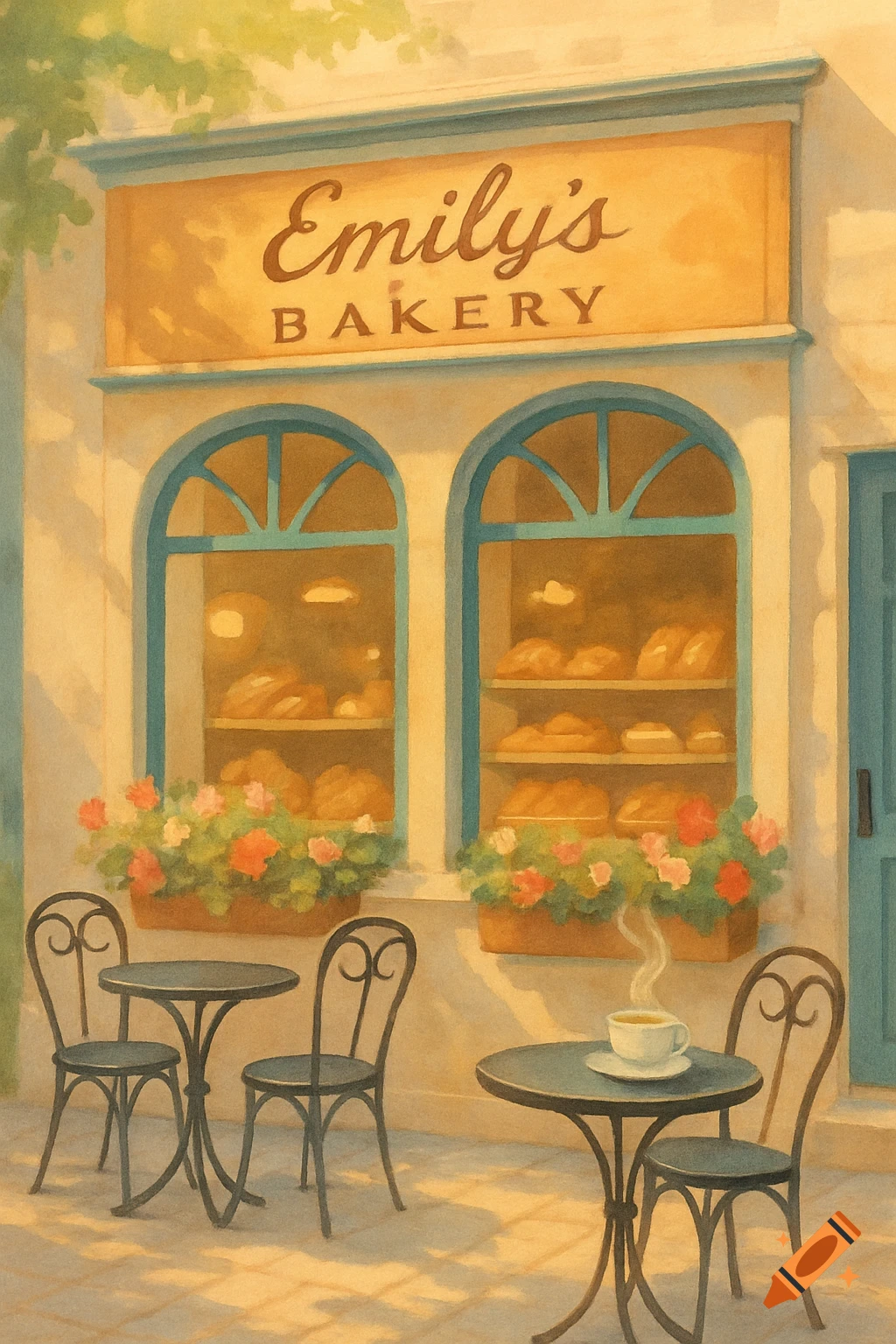 A quaint bakery storefront named Emily's, with arched windows, flower ...