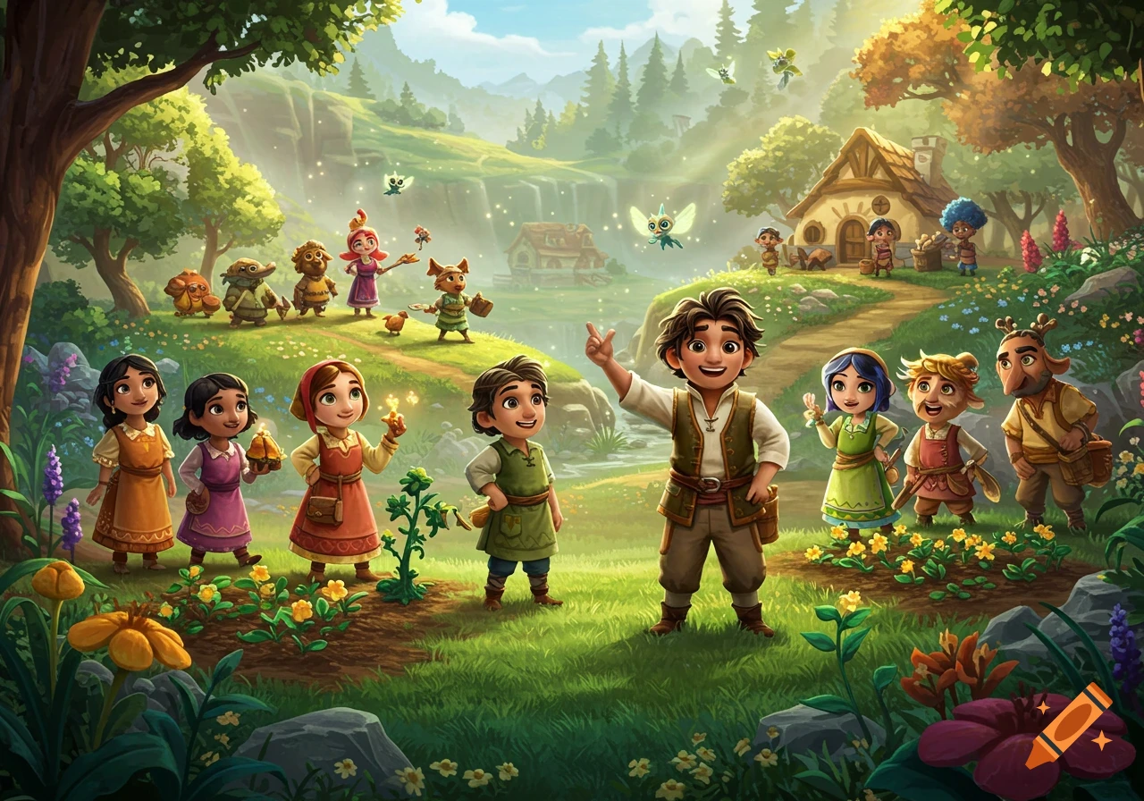 A Ghibli-style illustration of a hilly fantasy village with houses ...