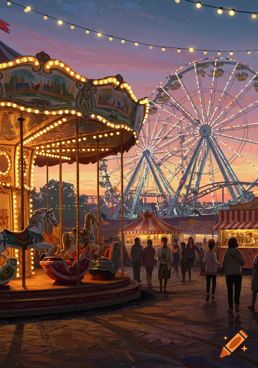 A brightly lit carnival carousel at night, adorned with golden lights ...
