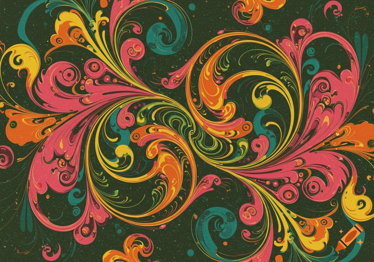 Ornate, symmetrical abstract pattern in green, teal, orange, and gold ...