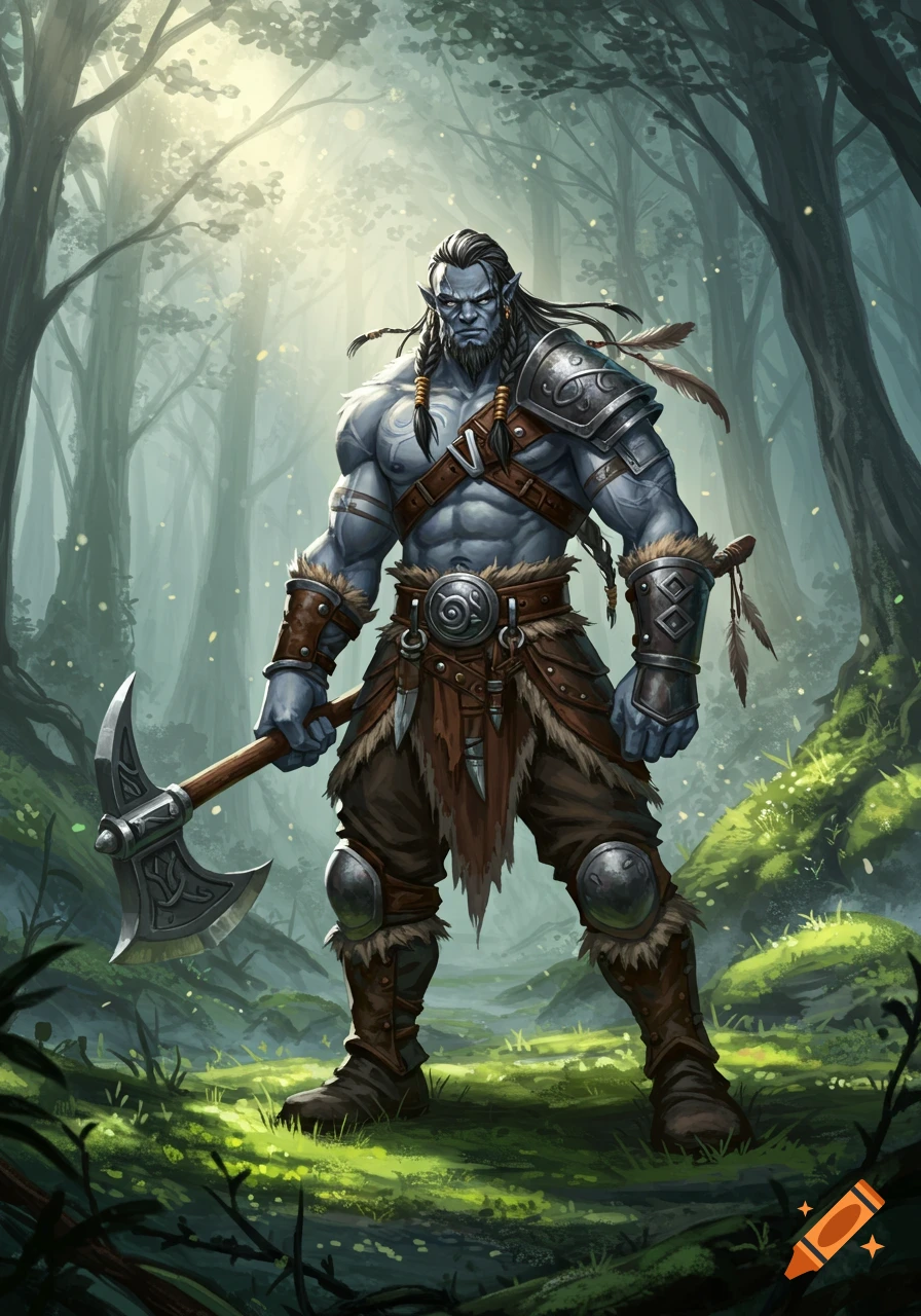 A fantasy dwarven warrior in full armor with a braided red beard holds a large battle-axe under ...