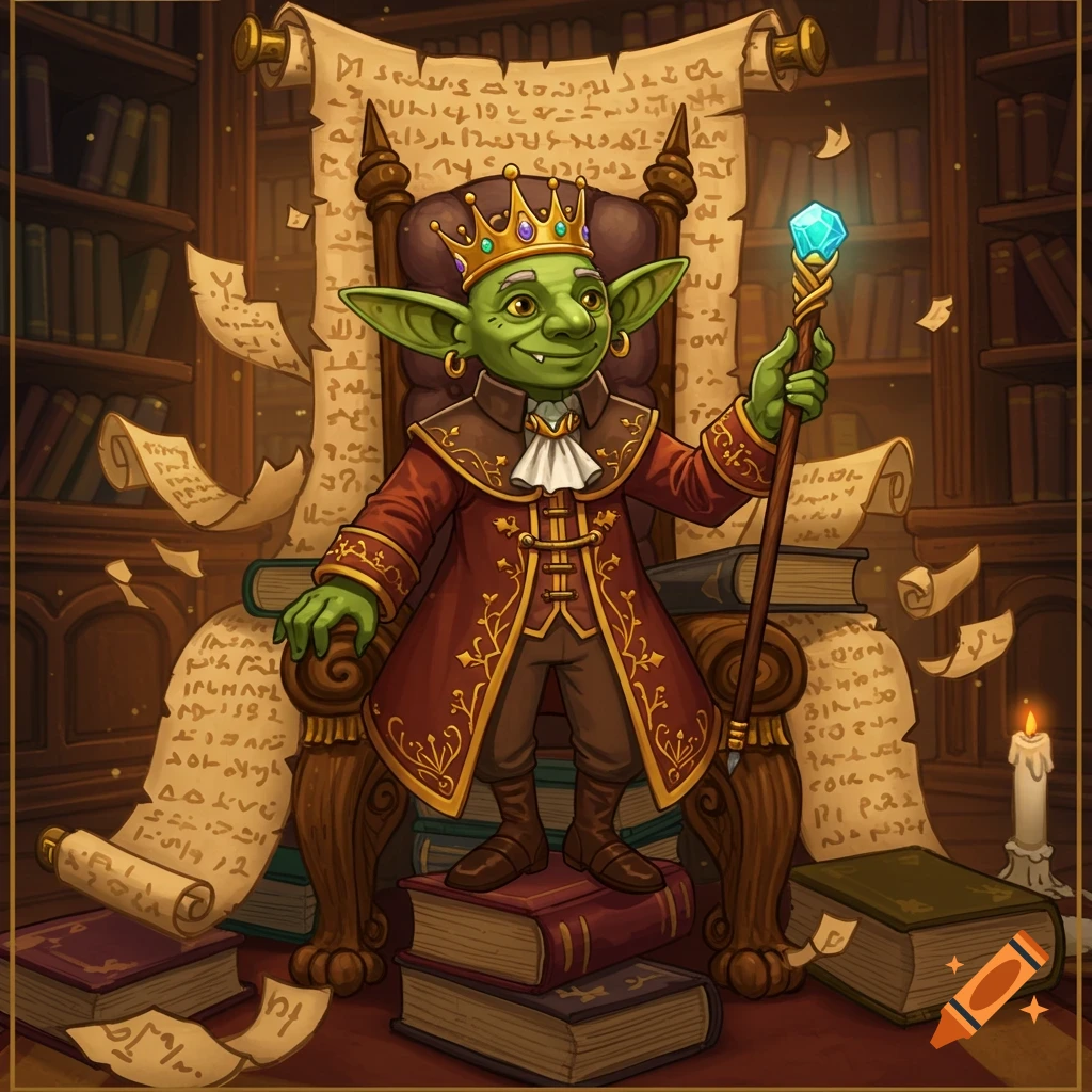 A cartoonish goblin king with a golden crown and red robe sits on a throne of books and scrolls ...