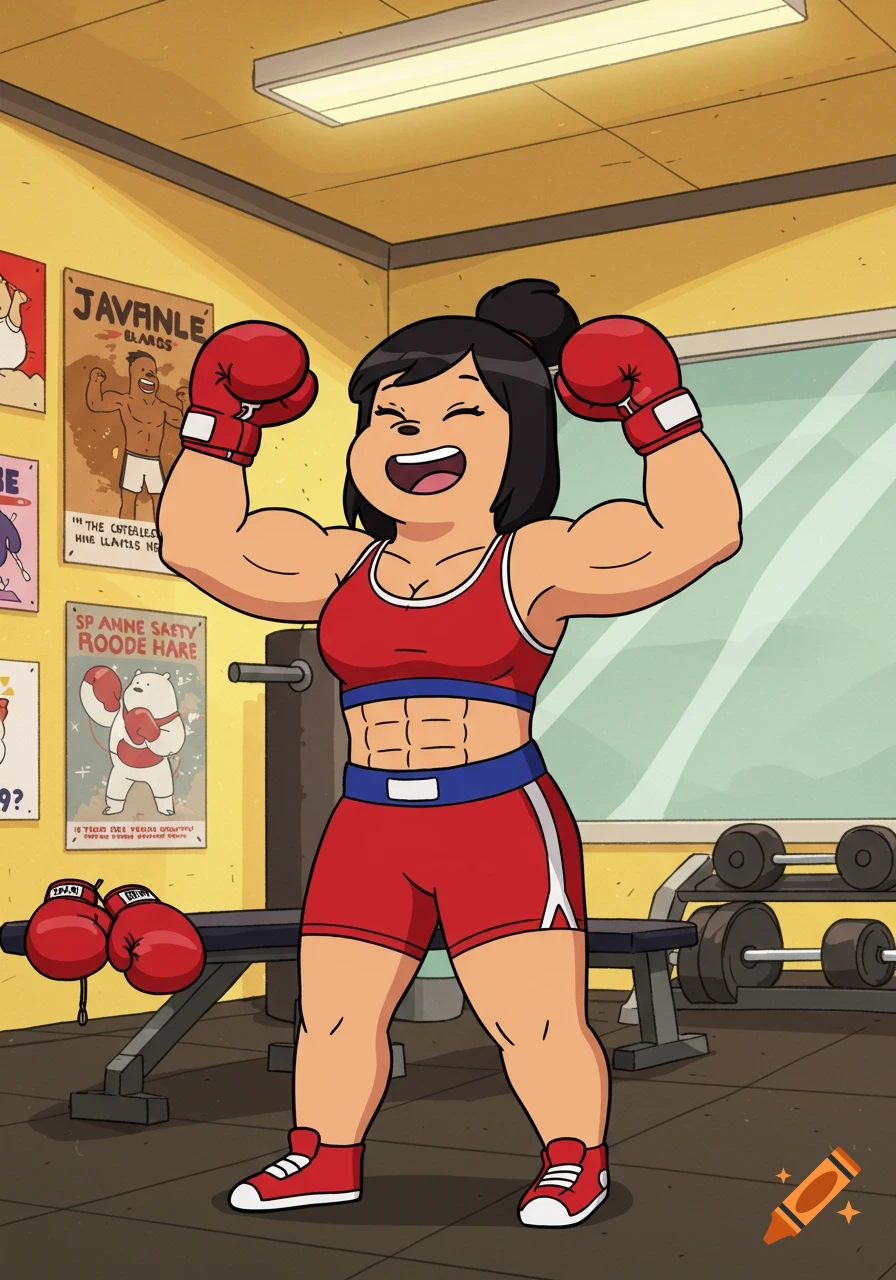 A cartoon human female boxer with a muscular build stands triumphantly ...