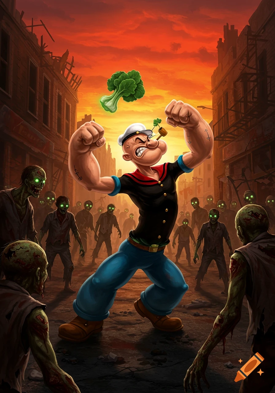 Popeye flexes his muscles with broccoli floating above him, surrounded by a horde of zombies in ...