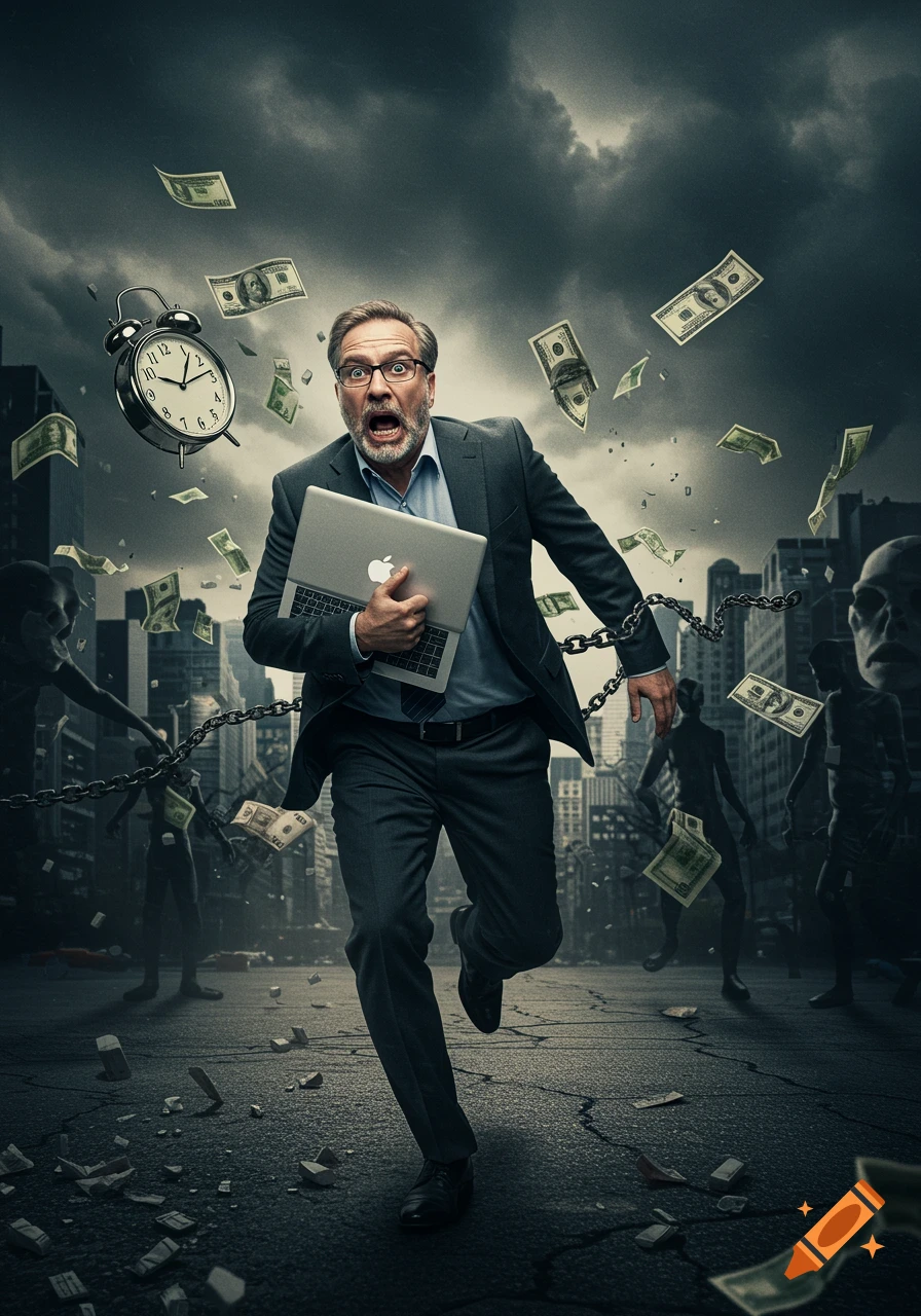 Stylized illustration of a distressed man with wide, bloodshot eyes ...