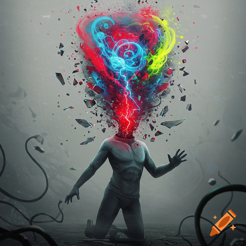 A kneeling figure with its head exploding into a colorful burst of ...