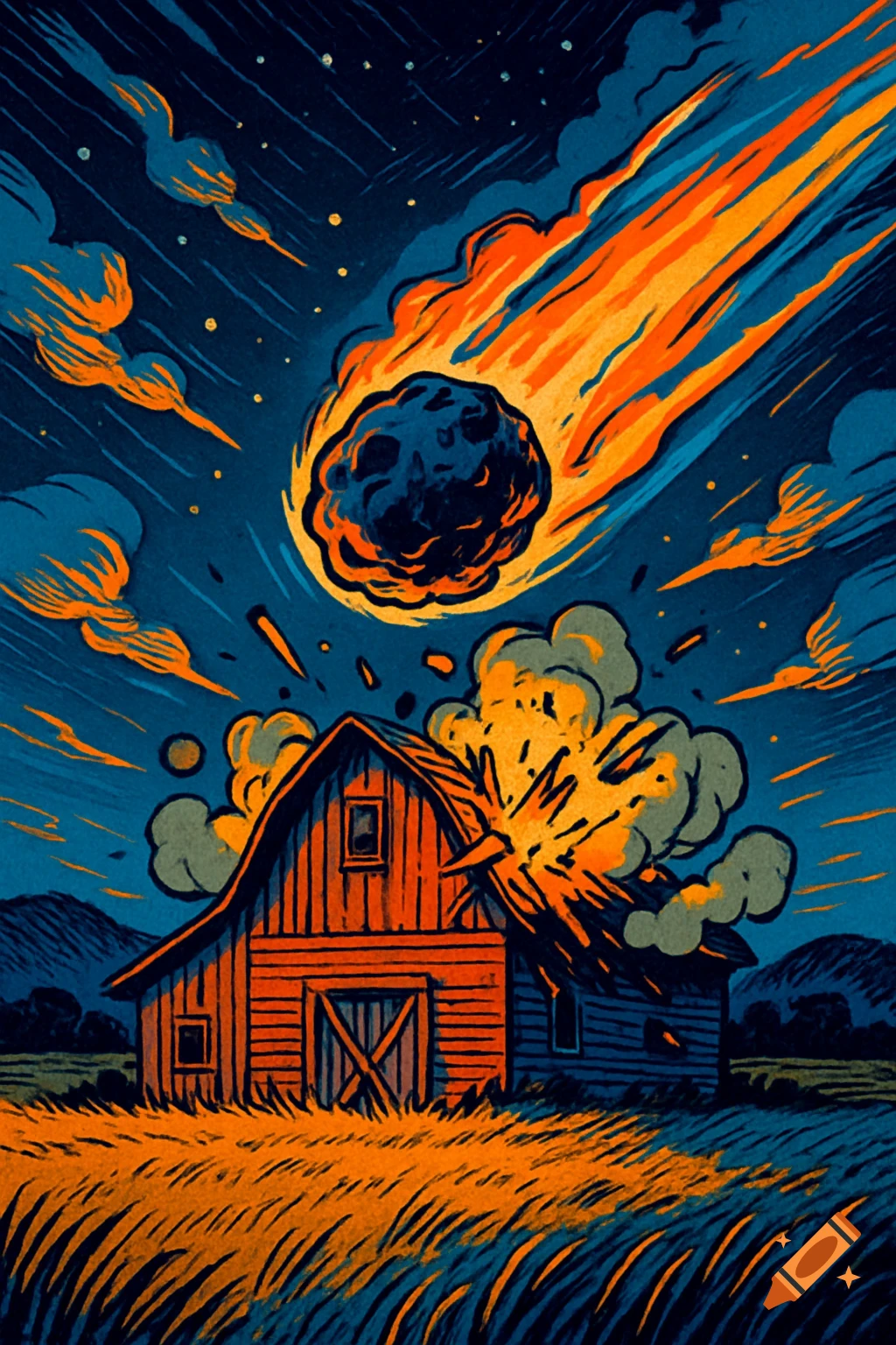 Stylized comic art of a fiery meteor crashing into a red wooden barn in ...