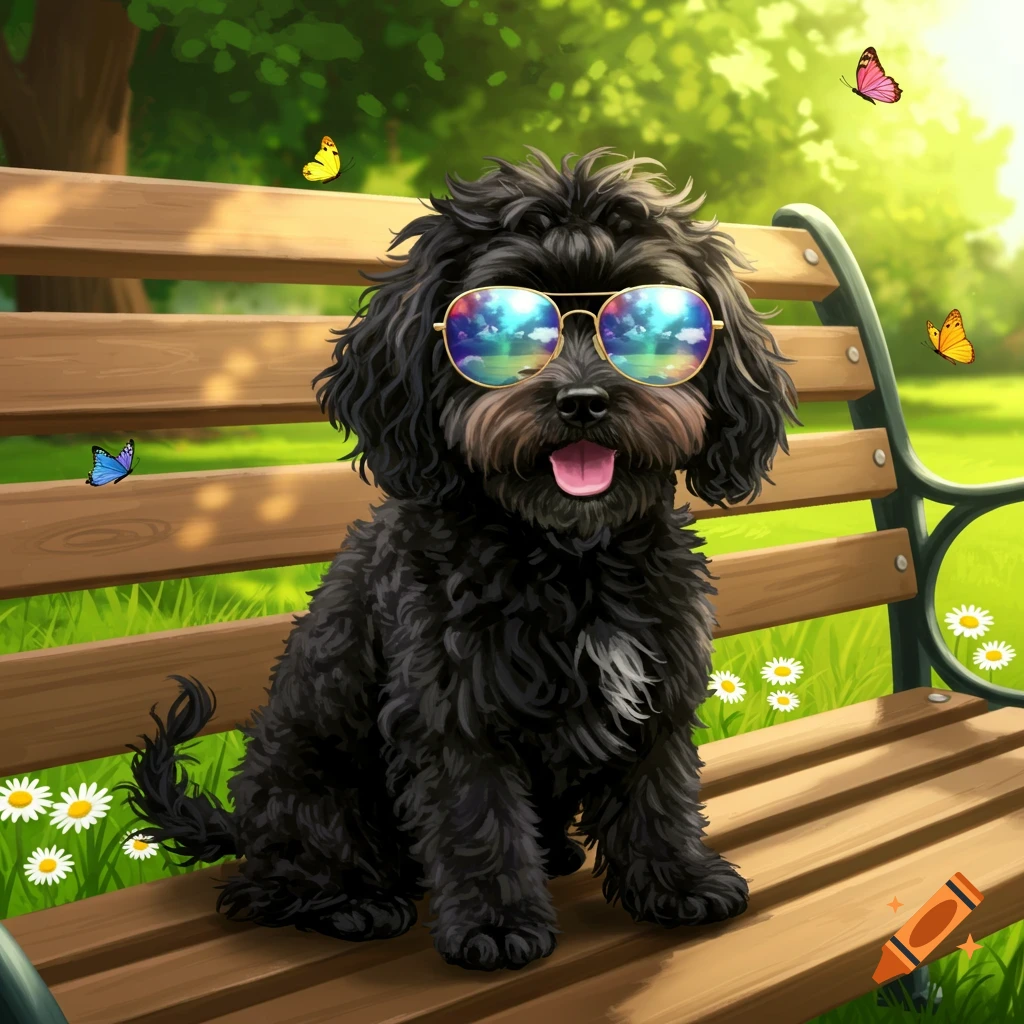 A black cockapoo wearing reflective sunglasses sits on a wooden park ...