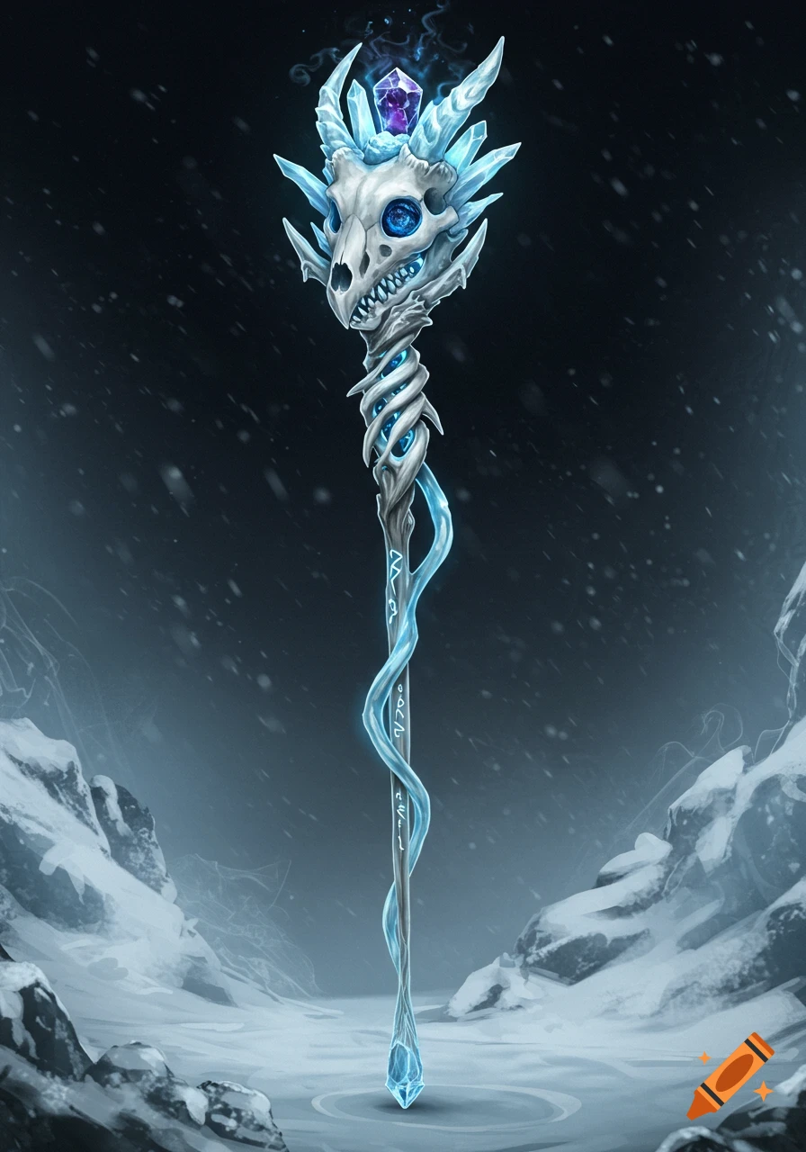A mystical ice dragon skull staff with glowing runes and purple crystal atop a snowy landscape ...