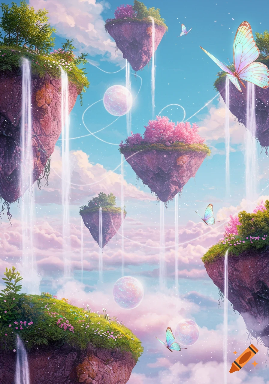 Floating islands with waterfalls, lush greenery, pink flowers, glowing orbs, and butterflies ...