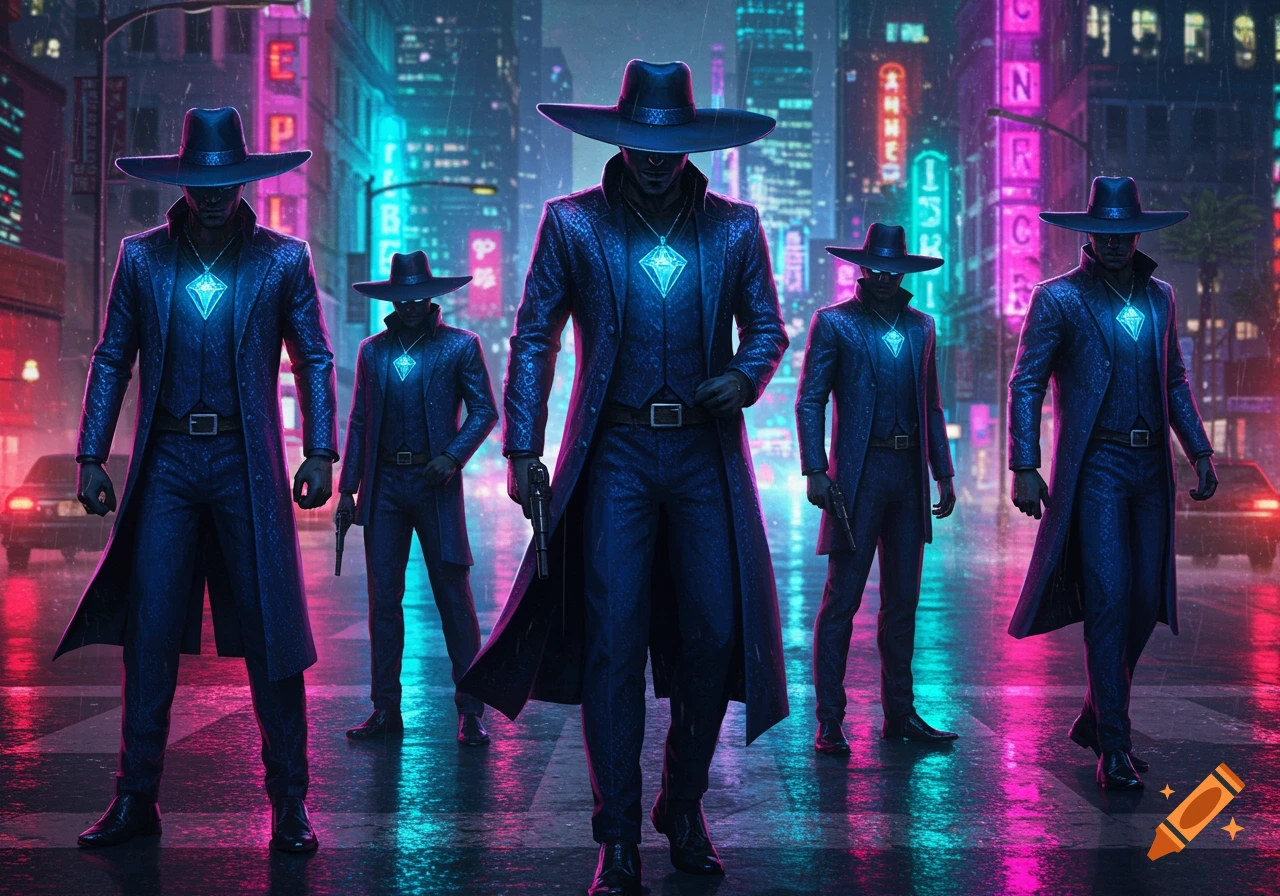 Five masked figures in dark trench coats, wide-brimmed hats, and ...