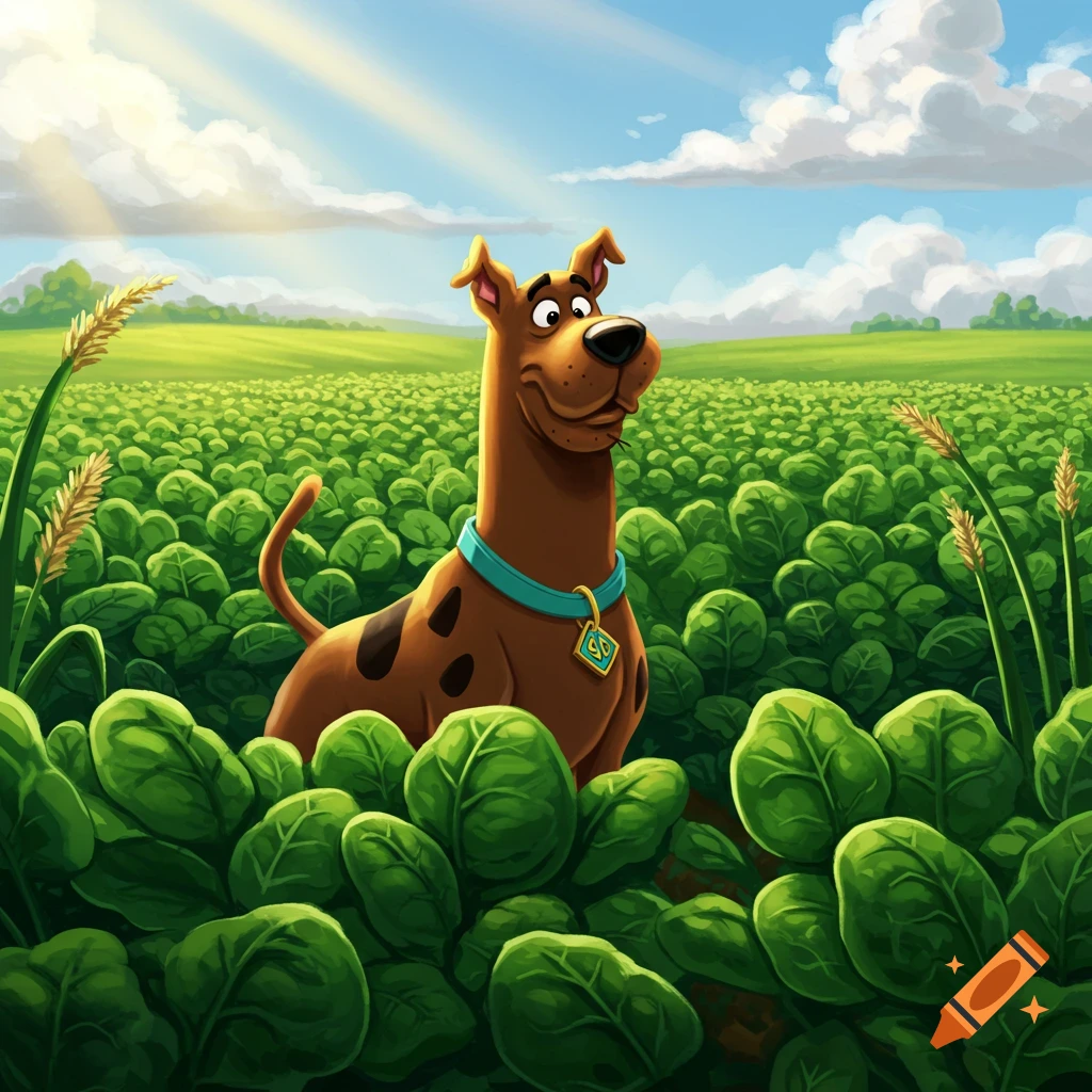 Scooby Doo stands in a vibrant green field with the Mystery Machine van ...