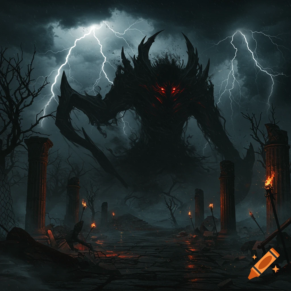 A giant dark monster with glowing red eyes stands among ruined pillars ...
