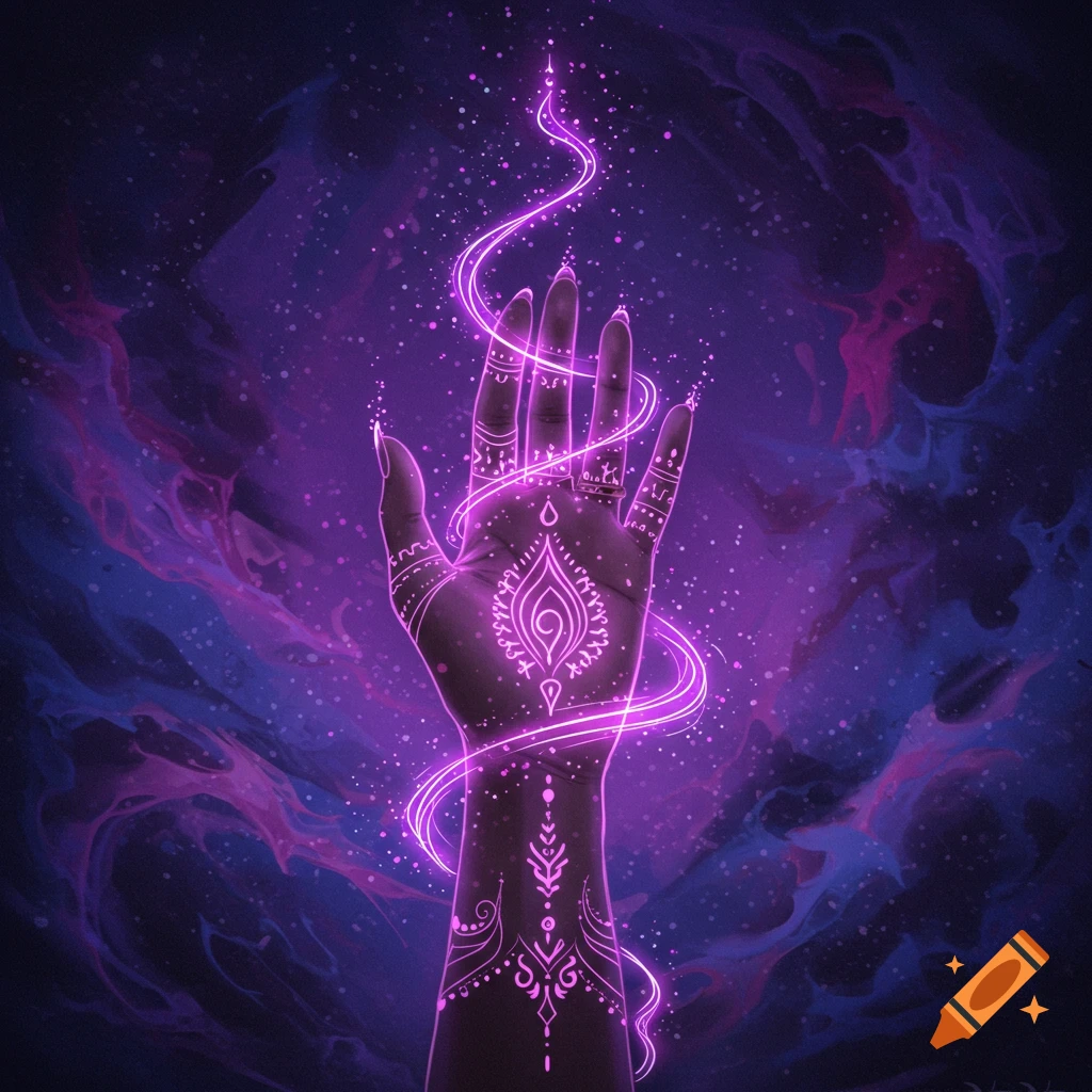 A hand with intricate glowing purple patterns, surrounded by a swirling ...