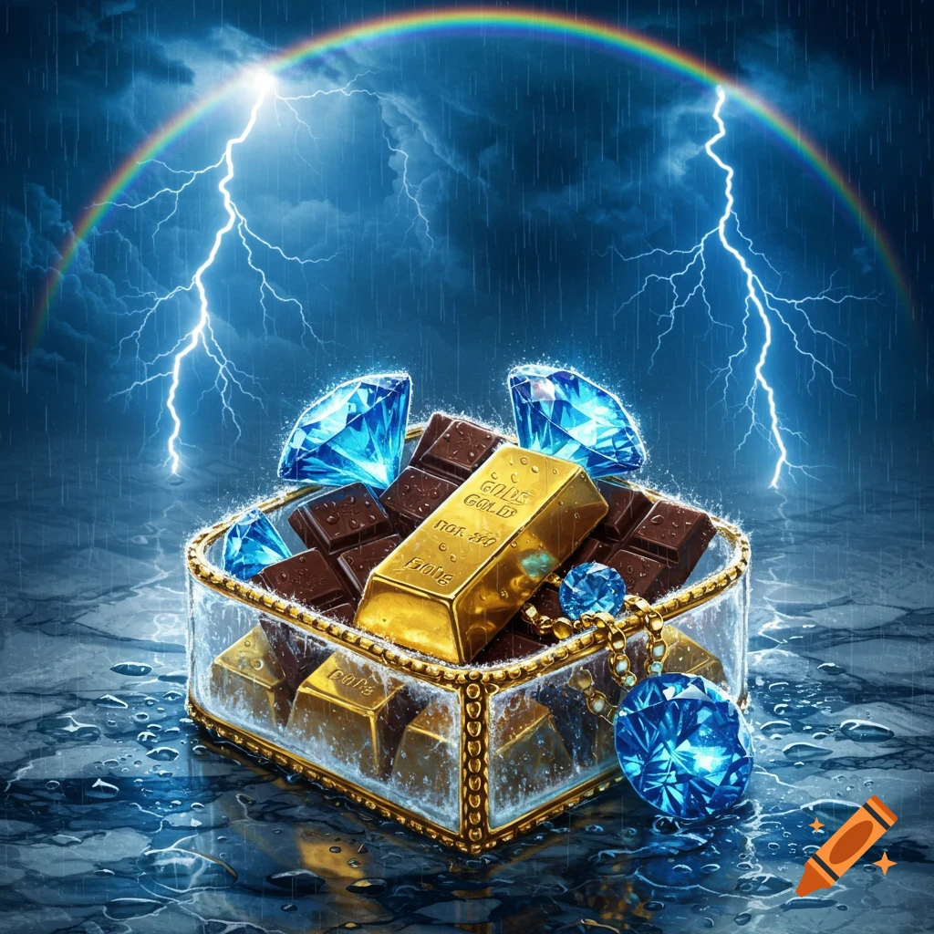 A clear box filled with gold bars, chocolate, and large blue diamonds ...