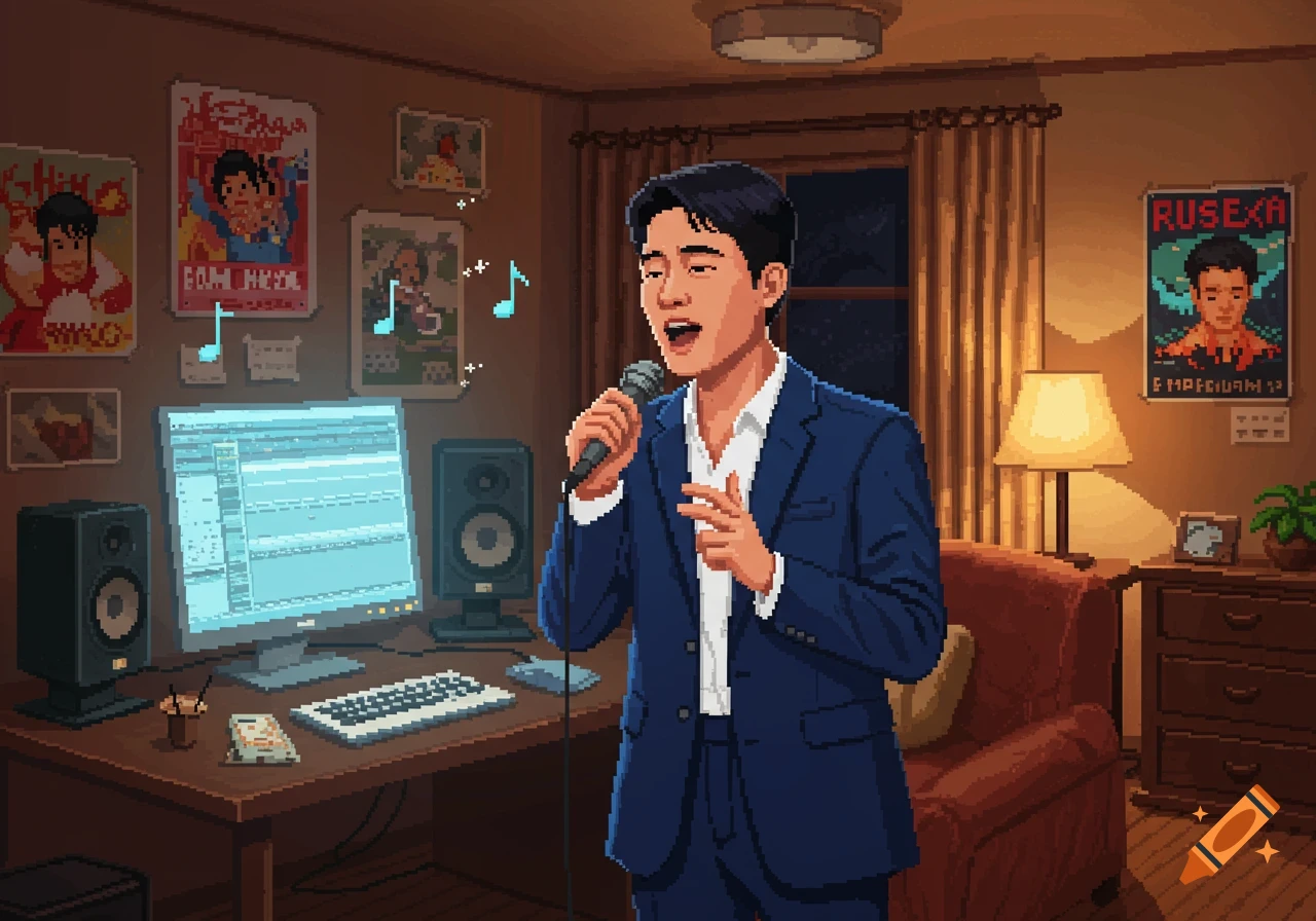 Pixel art of an Asian man in a suit singing into a microphone in a home ...