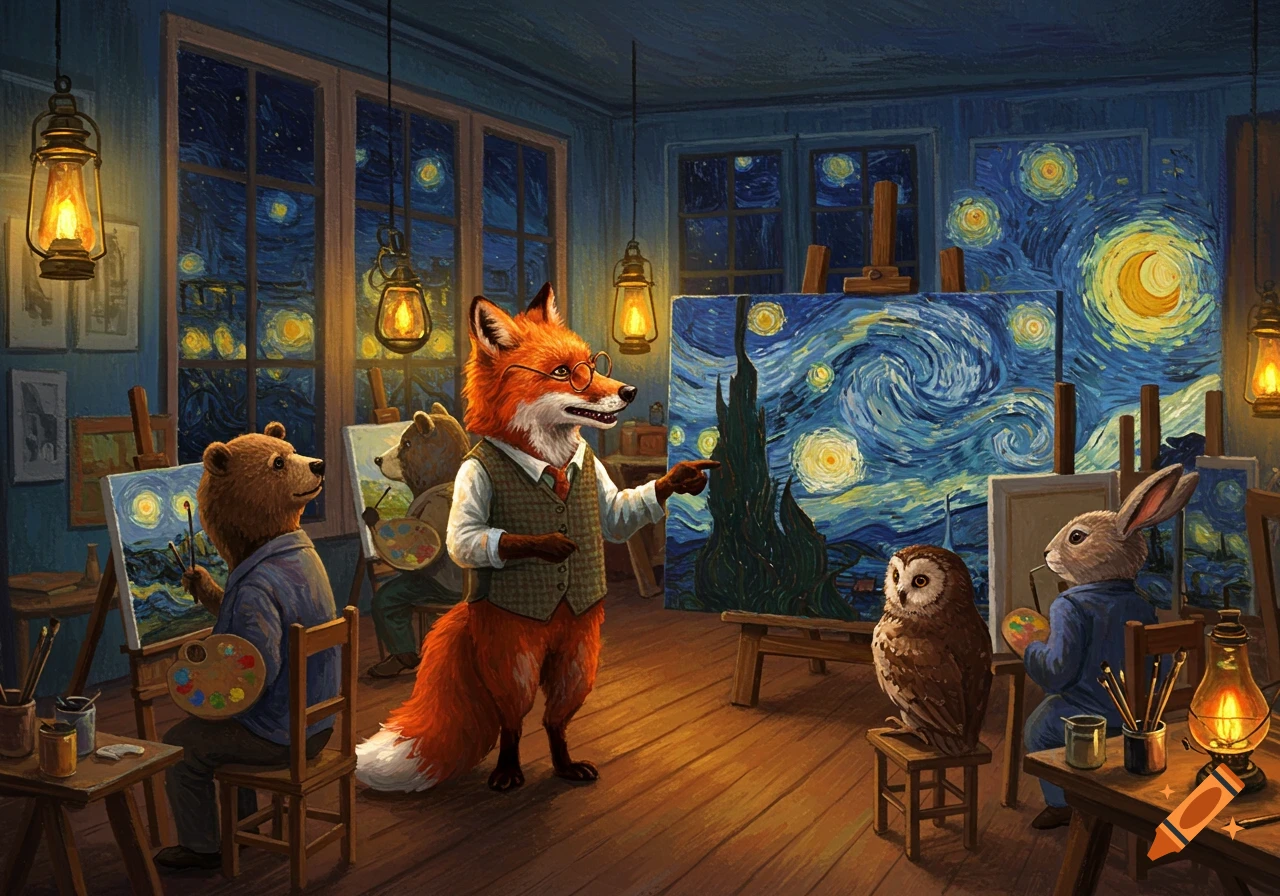 An anthropomorphic fox teaches an art class to bears, an owl, and a ...
