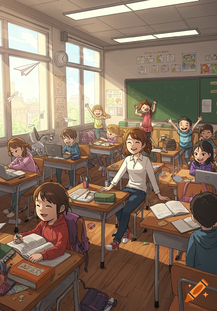 A bright anime-style classroom scene filled with smiling children and a ...