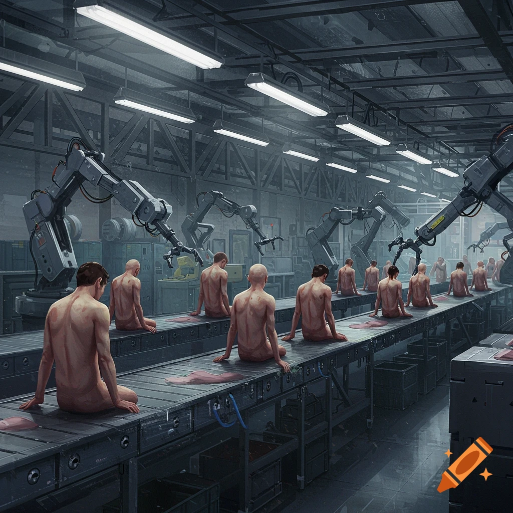 Numerous nude figures sit on conveyor belts in a vast, dark factory, with robotic arms operating ...