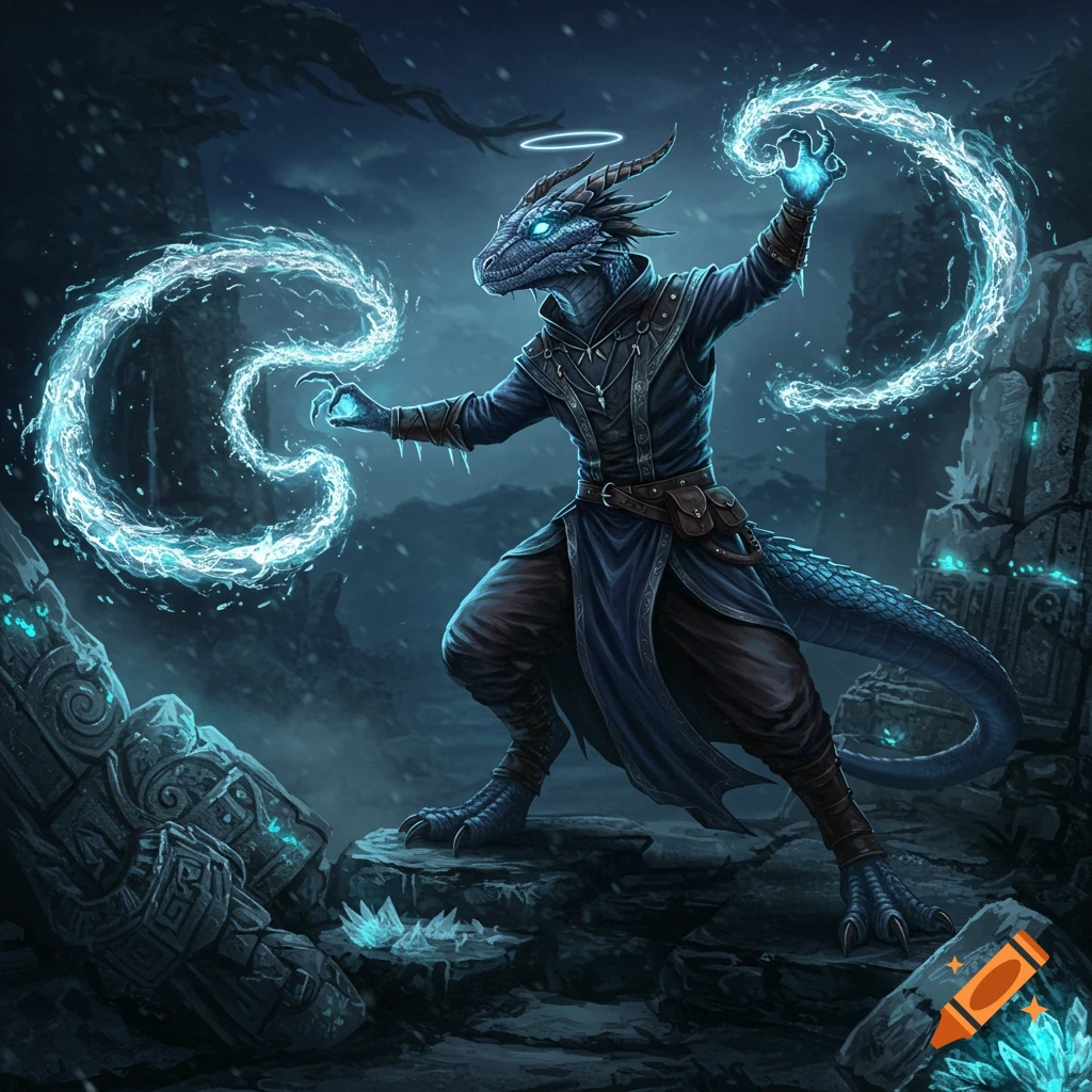 A blue-scaled lizard-like sorcerer casts a glowing ice spell in a dark ...